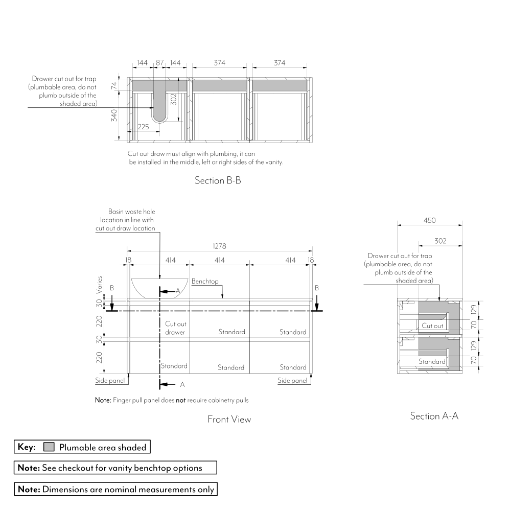 Addison 6-Drawer 1278mm - Pure Oak - 1 Cut-Out | (NZ) ABI Bathrooms ...